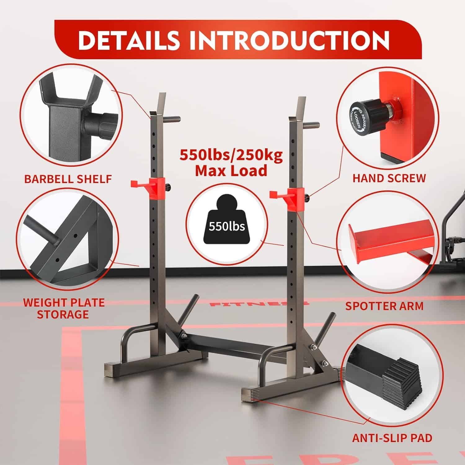 Adjustable Squat Rack, Barbell Rack, Bench Press 550 LBS Max Load Multi ...